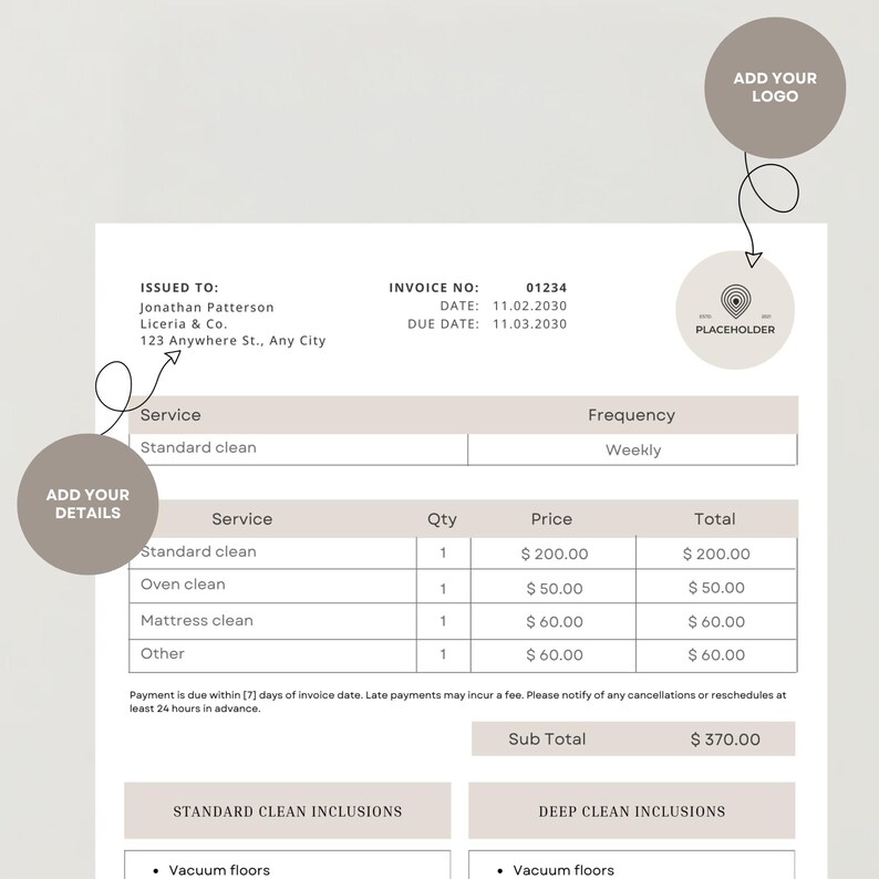 Cleaning Business Invoice Template Canva, Printable Billing Sheet ...