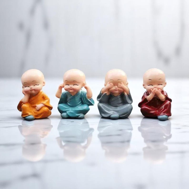 4pcs Cute Little Monk Buddha Statues – Resin Meditation Figurines Set ...