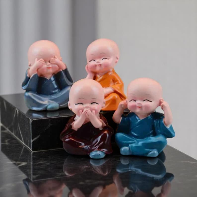 4pcs Cute Little Monk Buddha Statues – Resin Meditation Figurines Set ...