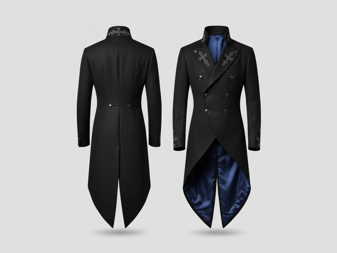 Gothic Tailcoat for Men – Black Cross Embroidered Victorian Coat ...