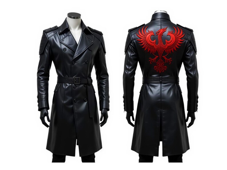 Men's Gothic Black Leather Trench Coat: Red Phoenix Embroidery ...