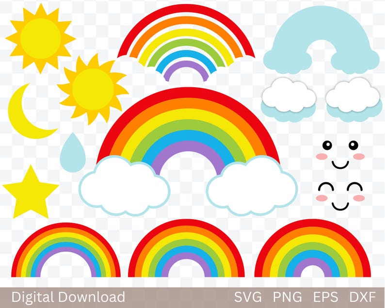 Rainbow SVG Bundle, Layered Rainbow PNG, Cute Cloud Weather Clipart ...