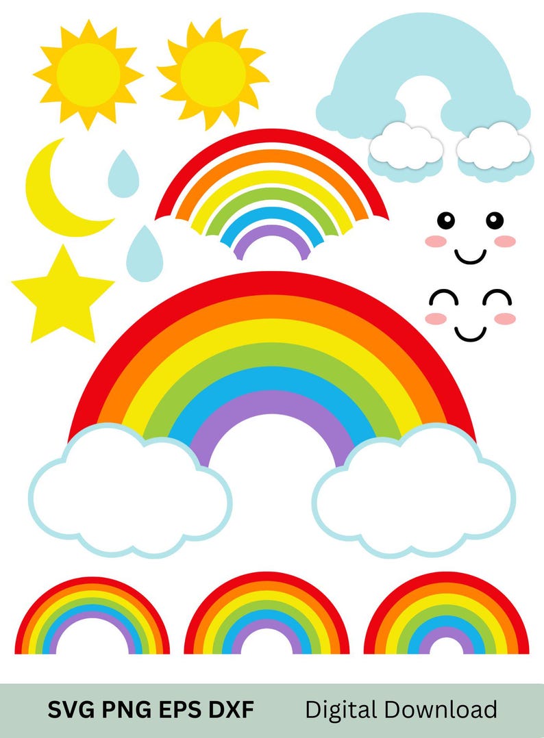 Rainbow SVG Bundle, Layered Rainbow PNG, Cute Cloud Weather Clipart ...