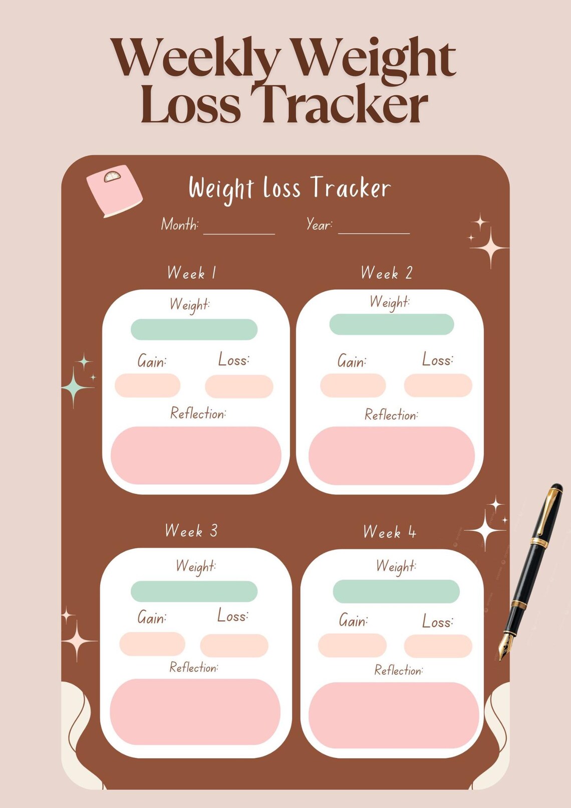 Weekly Weight Loss Tracker Printable | Cute Aesthetic Weight Loss Chart ...