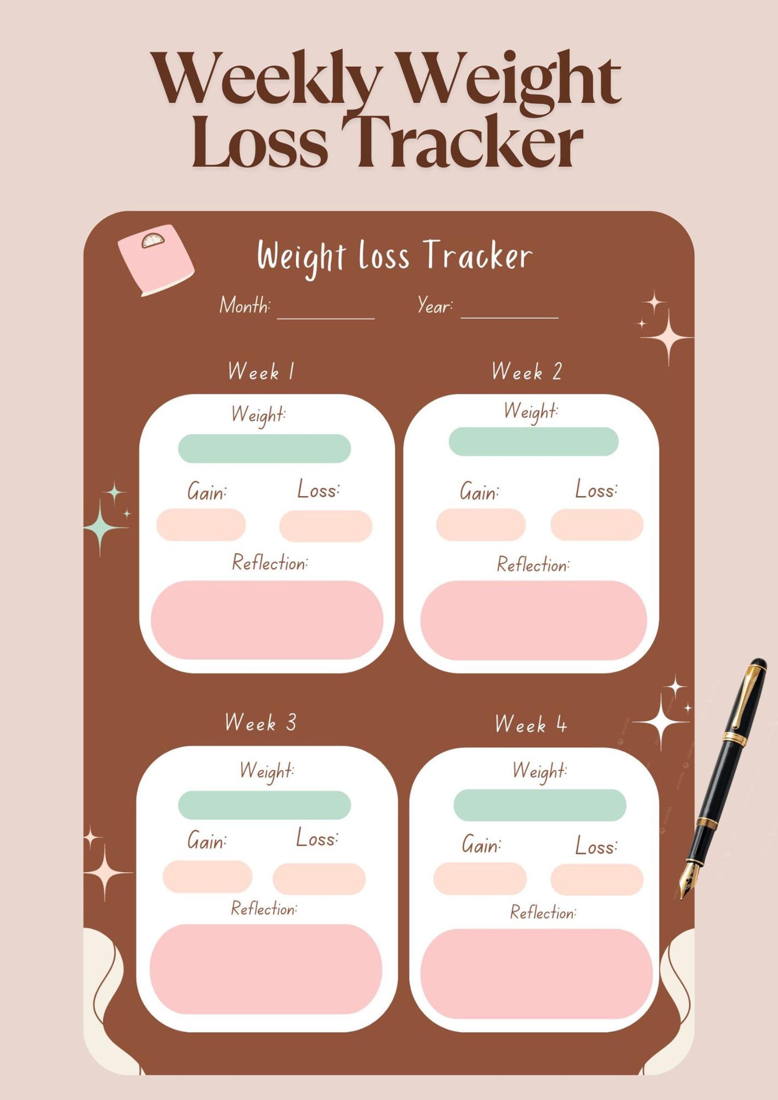 Weekly Weight Loss Tracker Printable | Cute Aesthetic Weight Loss Chart ...