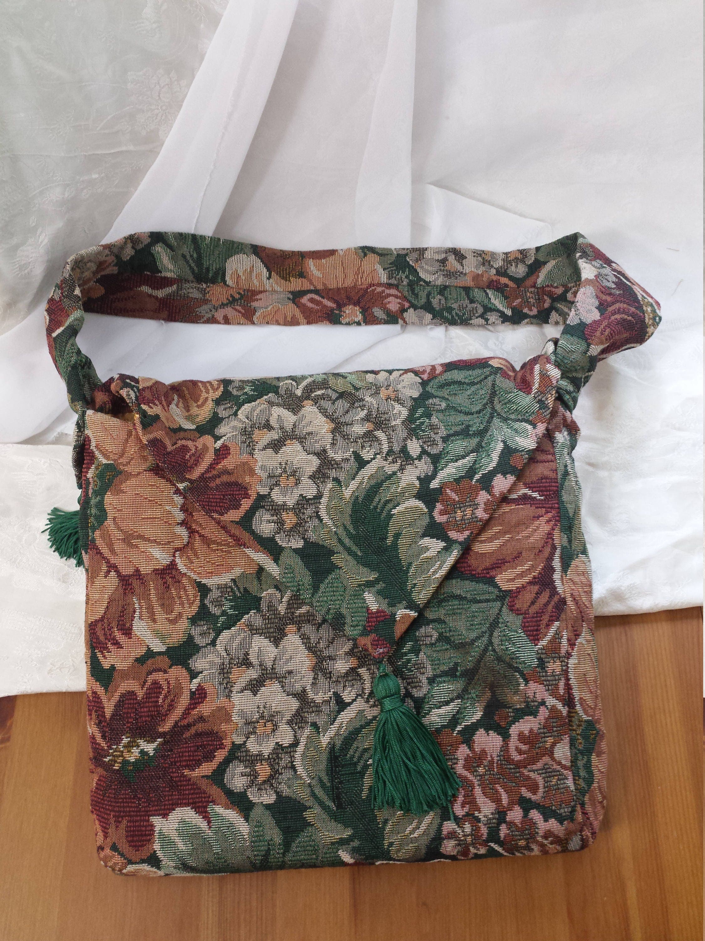 Messenger Bag - Upcycled Table Runner - Green Floral - Roses and Leaves ...