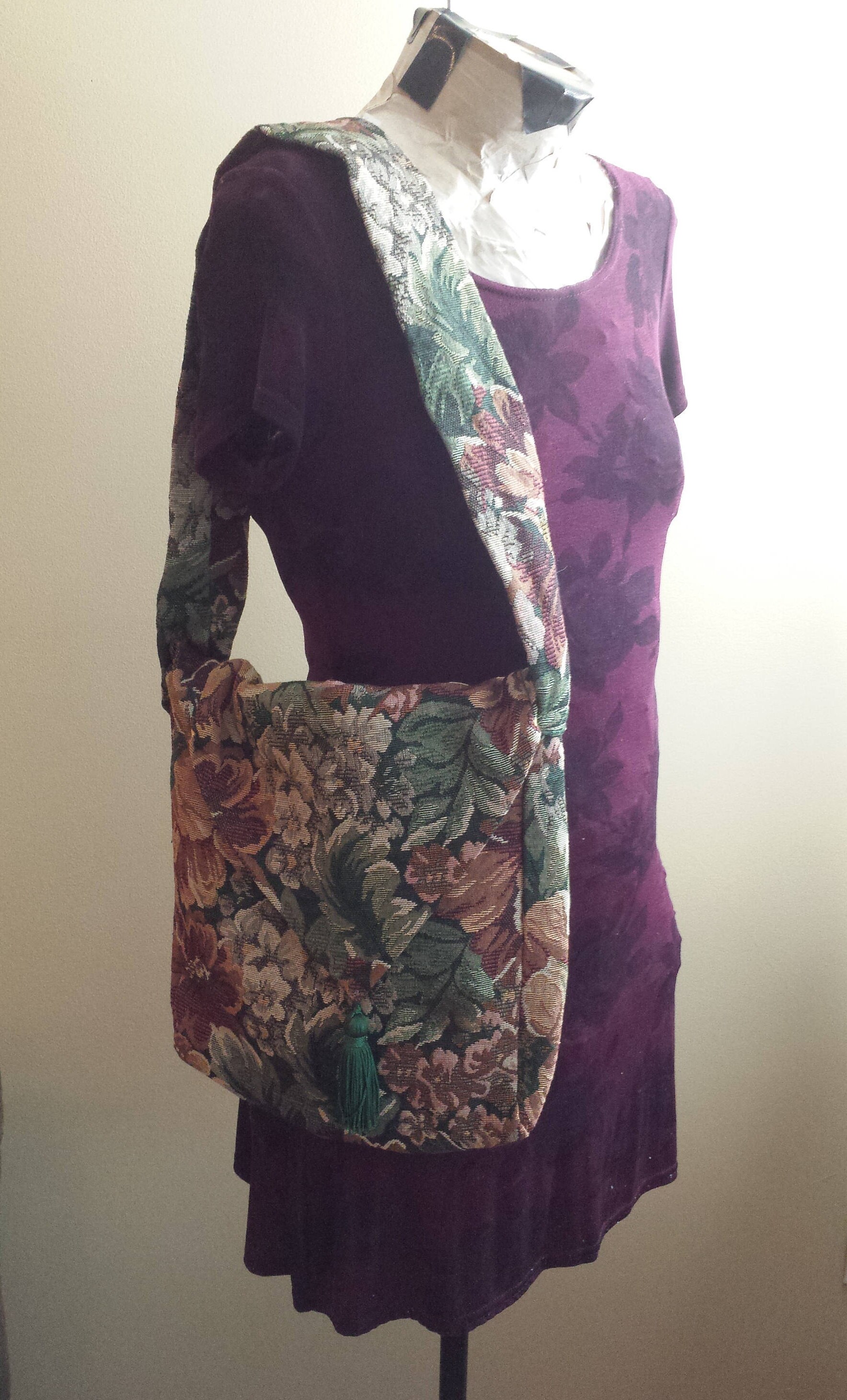 Messenger Bag Upcycled Table Runner Green Floral Roses and Leaves Book ...