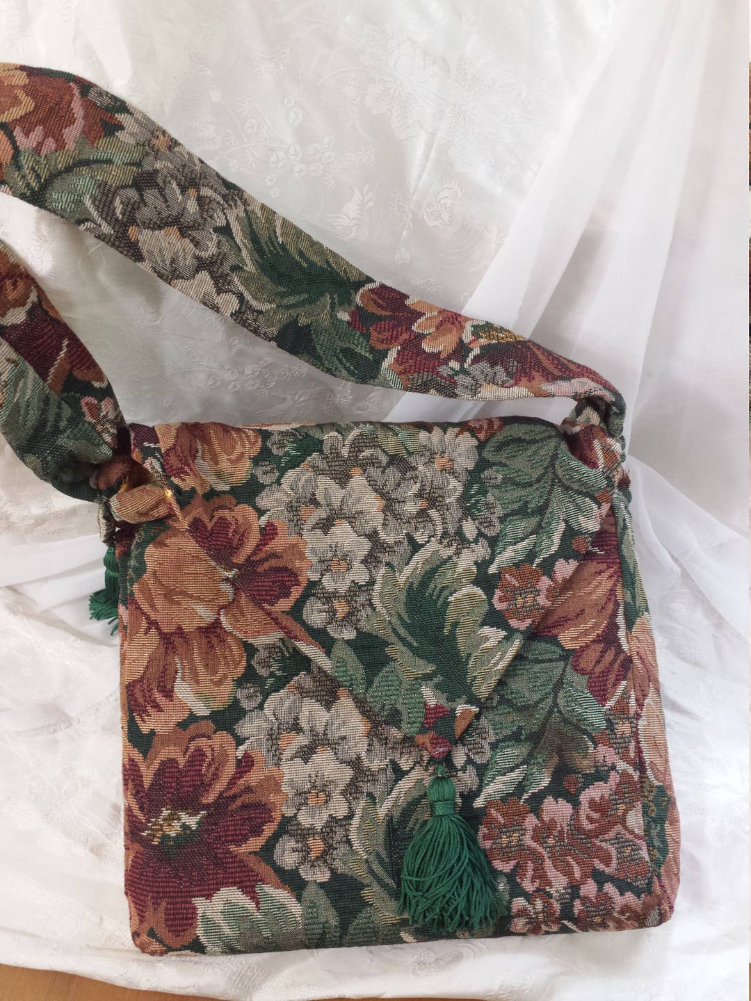 Messenger Bag - Upcycled Table Runner - Green Floral - Roses and Leaves ...