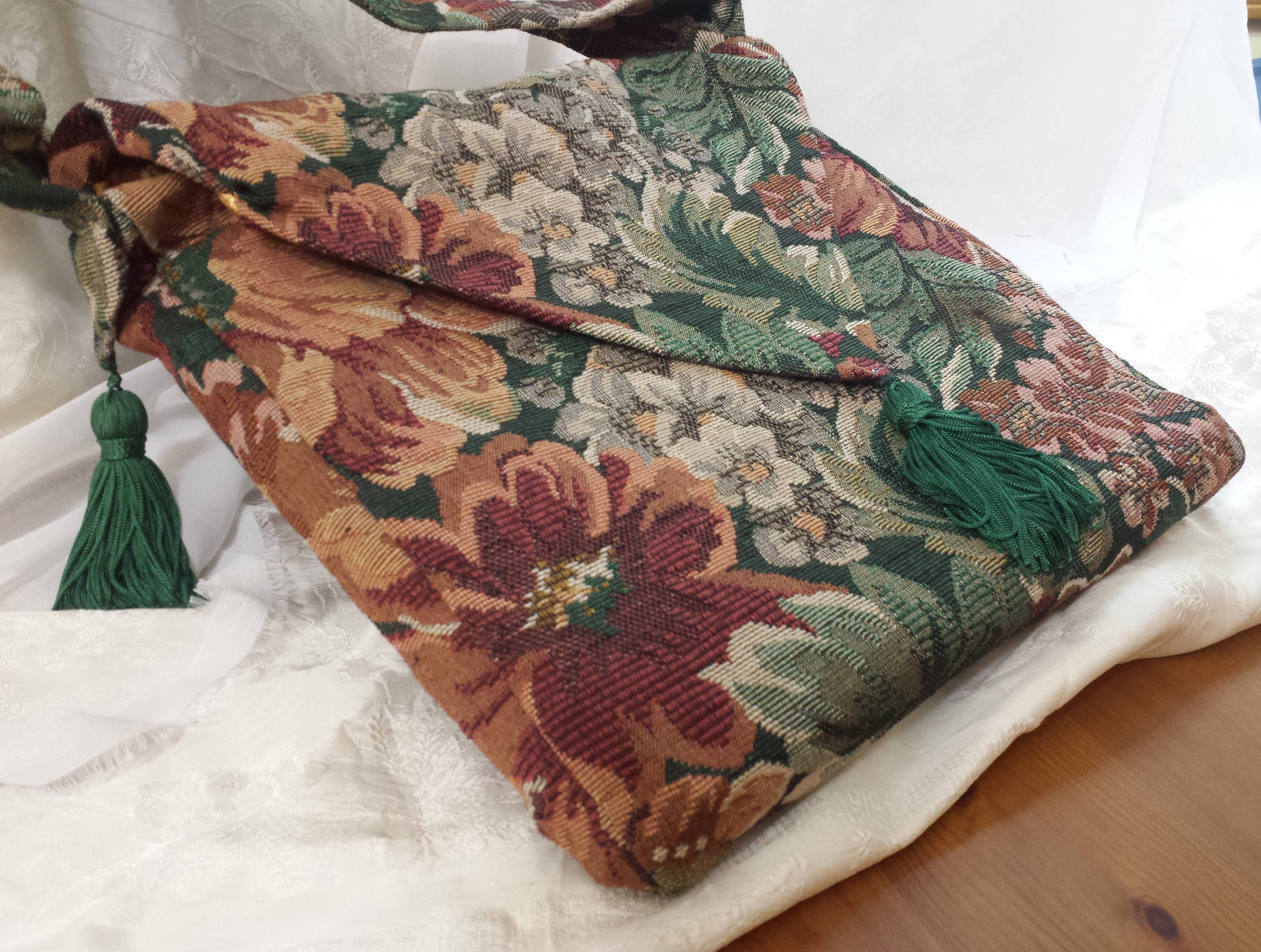 Messenger Bag - Upcycled Table Runner - Green Floral - Roses and Leaves ...