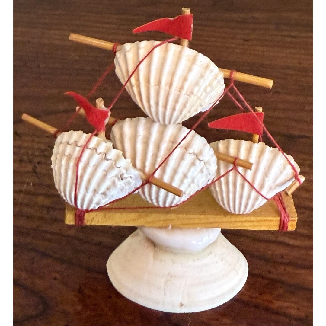 VINTAGE Seashell Boat Sailing Ship Vessel Art Tiki Beach Trinket Japan ...
