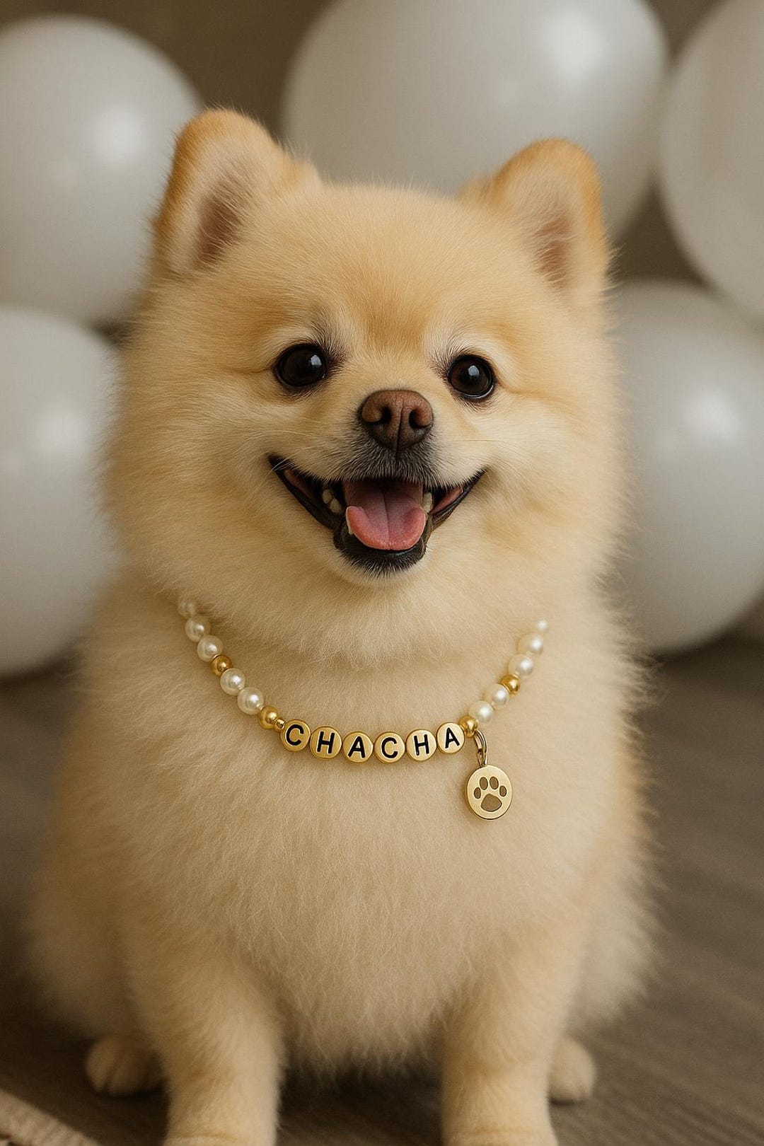 Personalized Pearl Dog Cat Collar: Custom Name, Gold Paw/bell Charm - Etsy