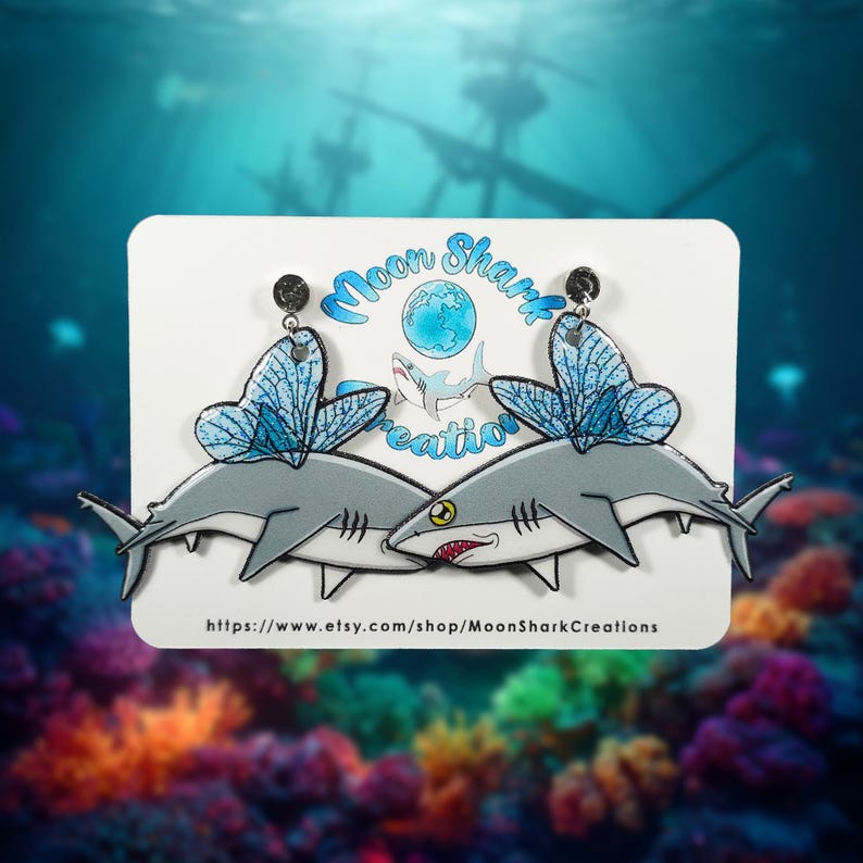 Great White Shark Fairy Shrink Plastic UV Resin Earrings | Ocean ...