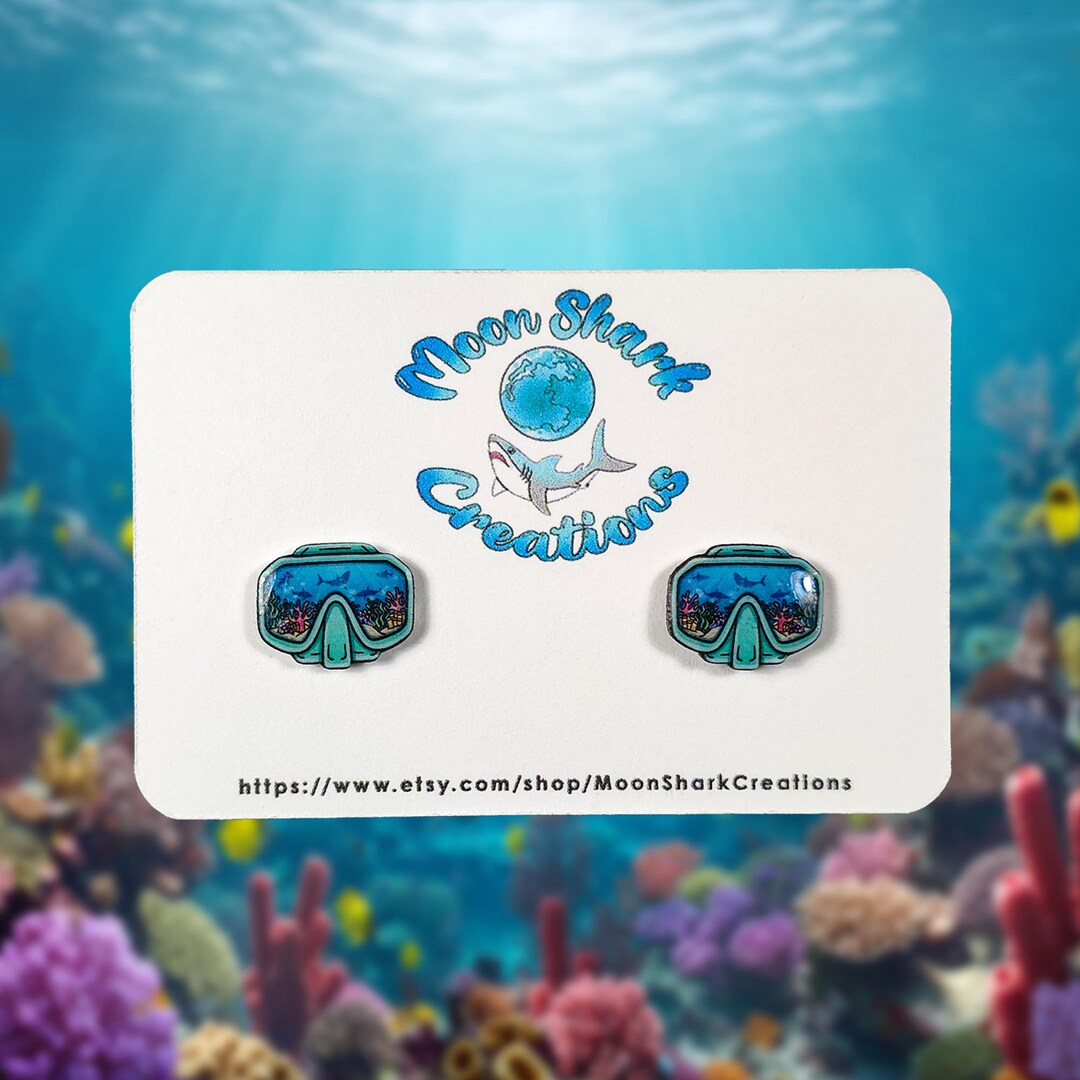Snorkel Underwater Shark Scene Shrink Plastic UV Resin Stud Earrings ...