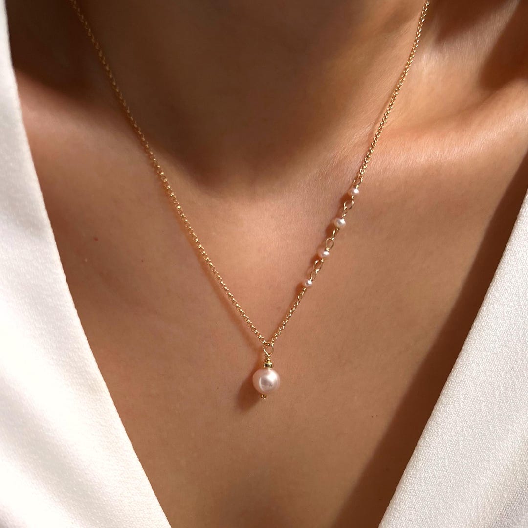 Pink Pearl Dainty Chain Asymmetry Design Necklace (14K Gold Filled ...