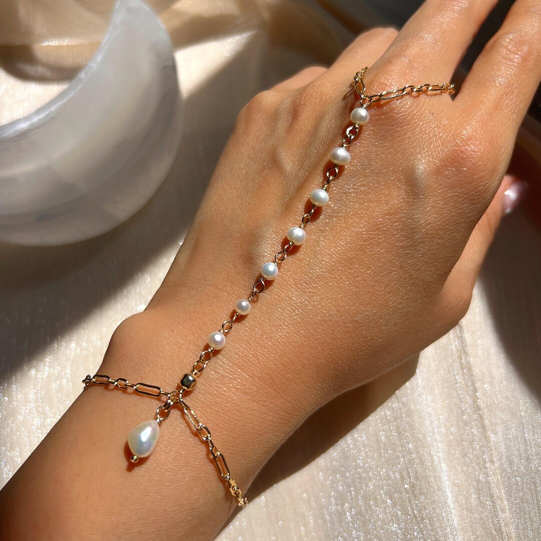 Baroque Pearl and Thin Paper Clip Chain Hand Chain (14K Gold Filled ...