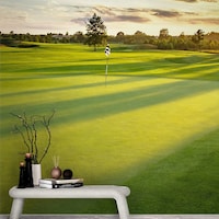 Stunning Golf Course Wallpaper Mural. Sunset Over Green With Palm Trees ...