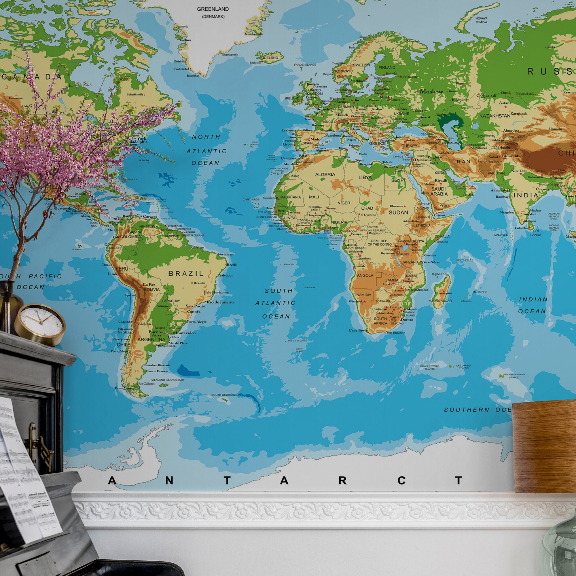 World Map Wall Mural. Study Room Wall Covering. Office Wall Art Decor ...