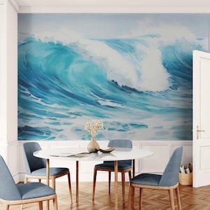Blue Ocean Wave Wall Mural Painting – Coastal Beach-themed Decor for ...