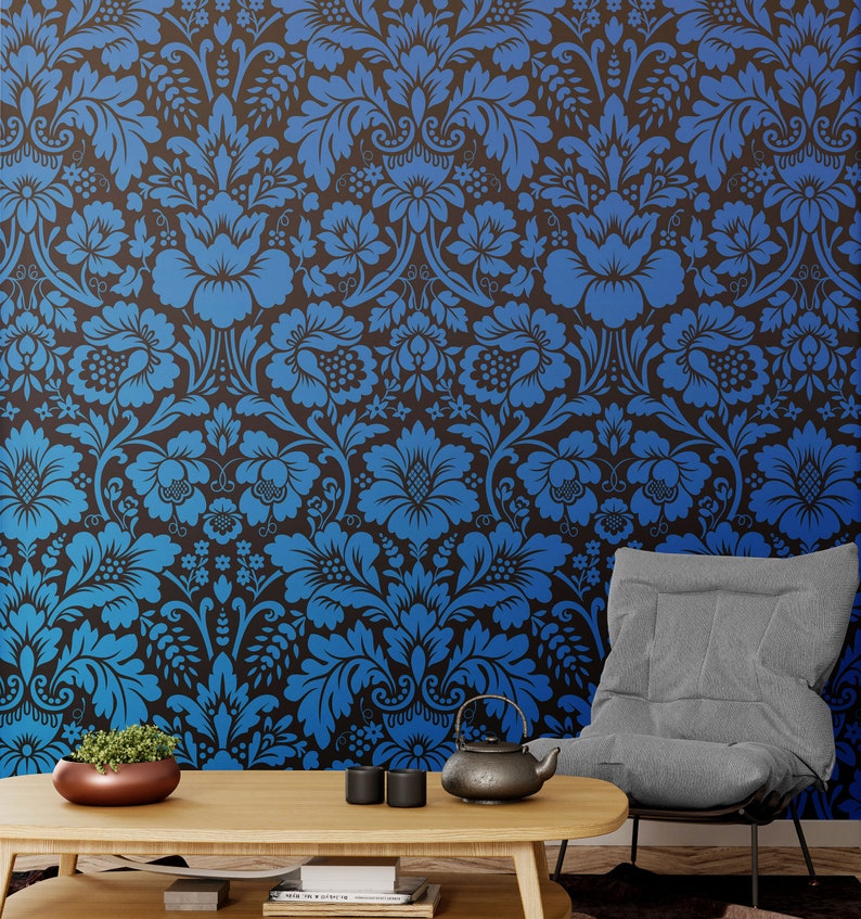 Damask Wallpaper Blue Color Flower Dark Background Pattern Wallpaper ...