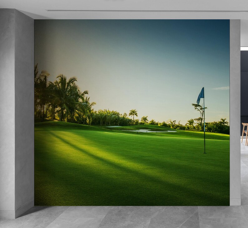 Stunning Golf Course Wallpaper Mural. Sunset Over Green With Palm Trees ...