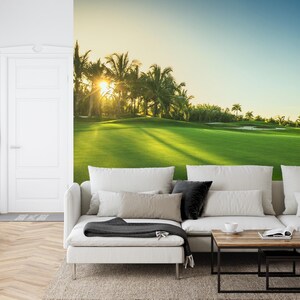 Stunning Golf Course Wallpaper Mural. Sunset Over Green With Palm Trees ...
