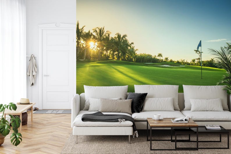 Stunning Golf Course Wallpaper Mural. Sunset Over Green With Palm Trees ...