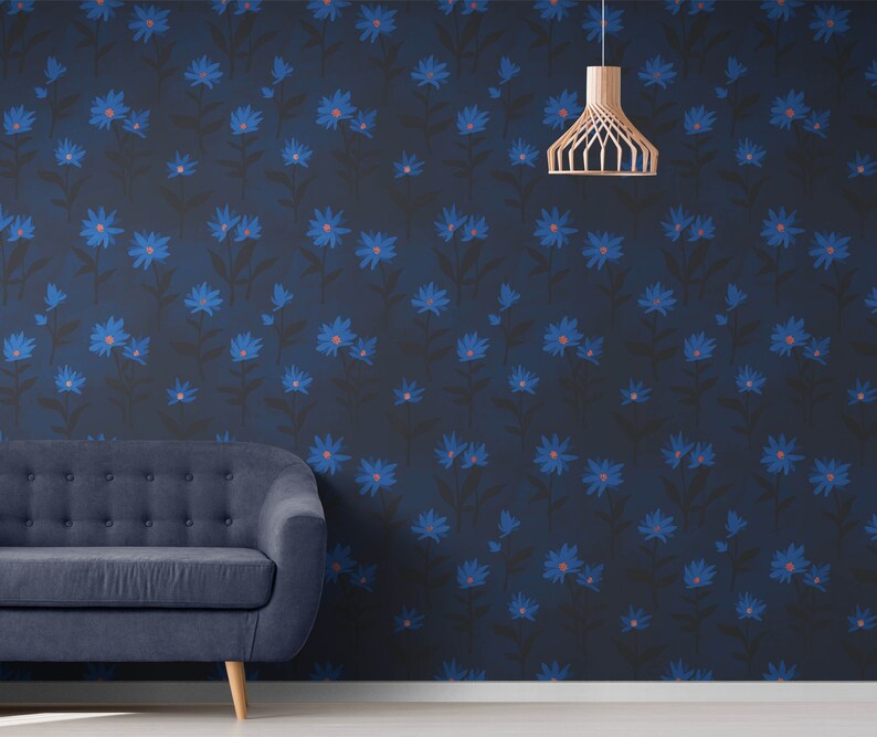Dark Navy Blue Color Flower Wall Mural Pattern. Living Room - Etsy