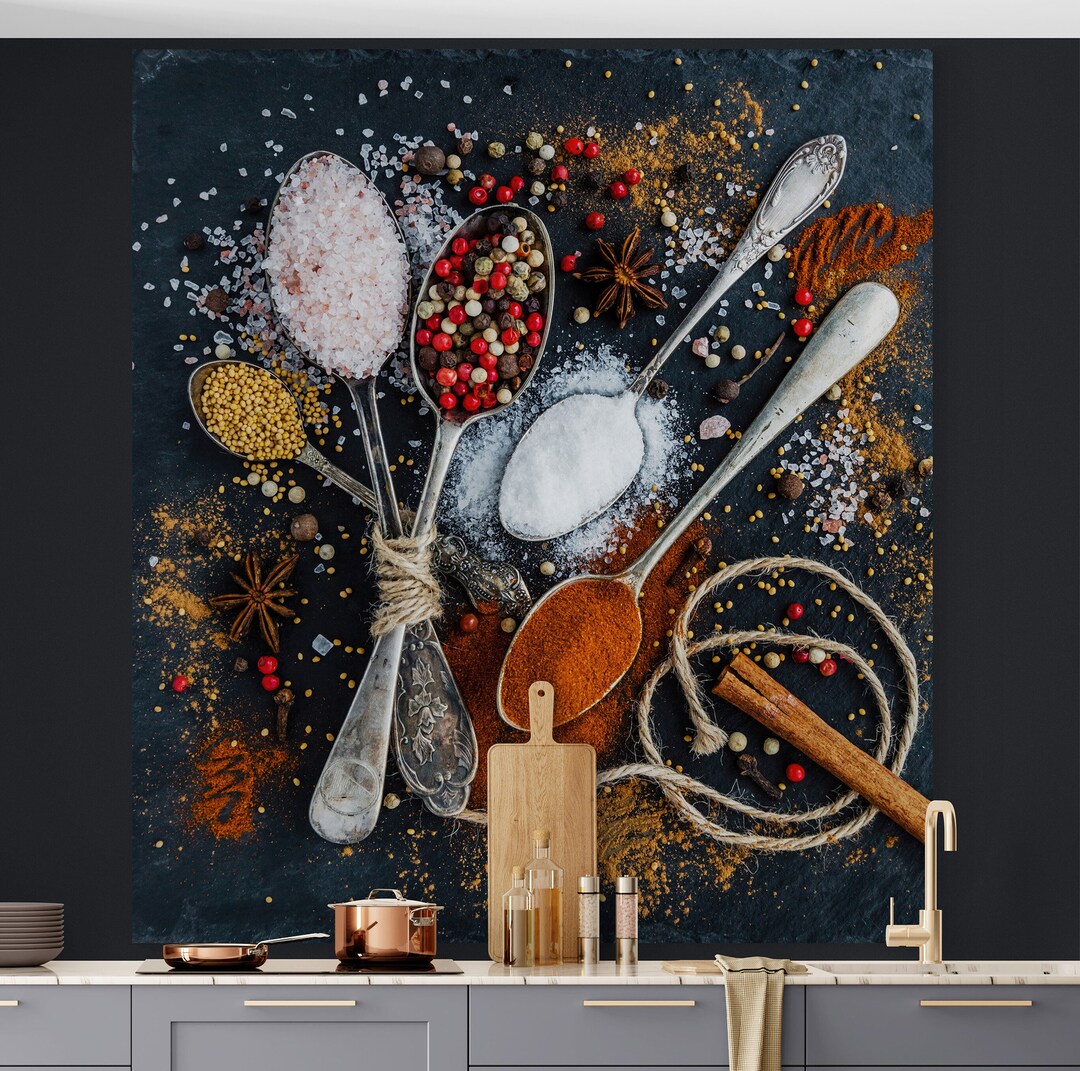 Culinary Spice and Spoon Wallpaper. Food-inspired Mural. Kitchen or ...