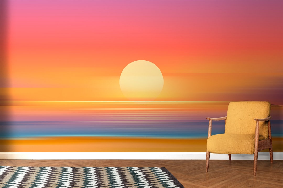 Sunset Over Ocean Horizon Wall Mural. Orange Sunset Over Coastline ...