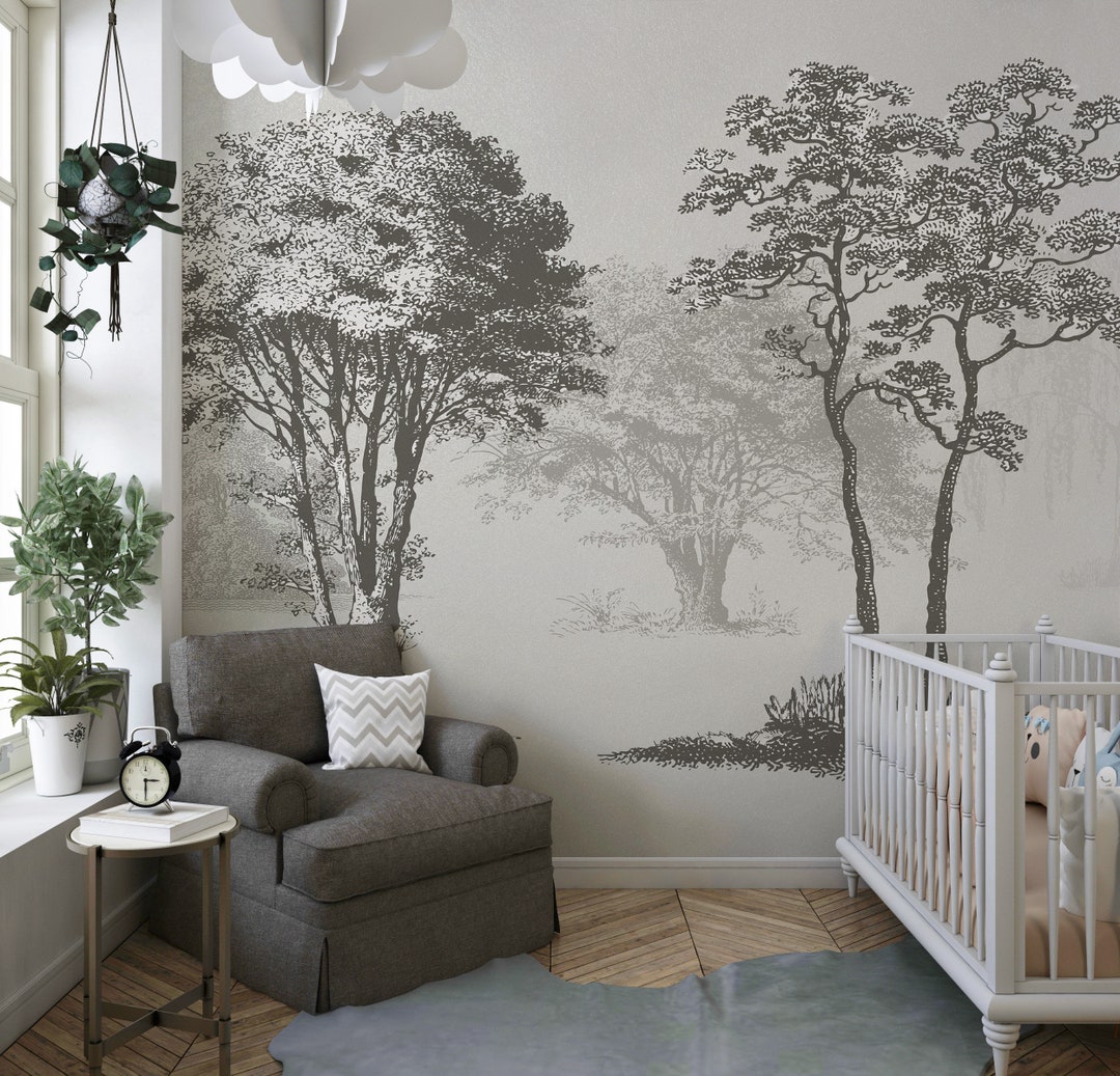 Vintage Forest Trees Wall Mural. Beige, Grey Abstract Sketched Art ...