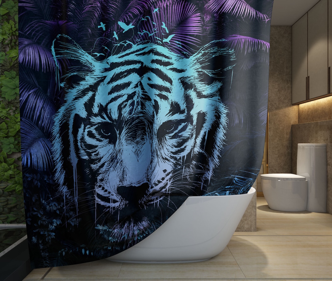 Tiger in Jungle Shower Certain. Jungle Theme Bathroom Decor. Bright ...