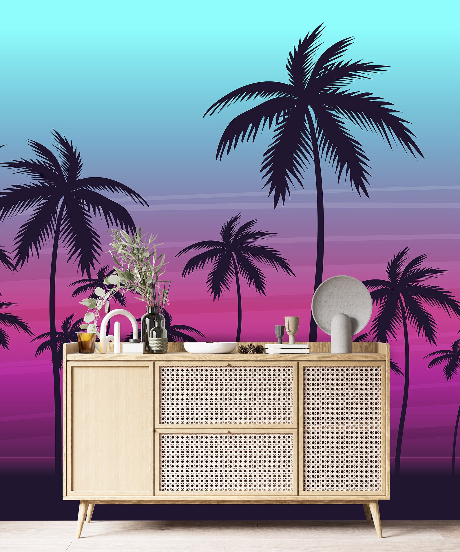 Miami Tropical Palm Tree Illustration Vice Color Sunset Wall Mural ...
