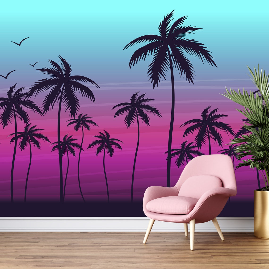 Miami Tropical Palm Tree Illustration Vice Color Sunset Wall - Etsy