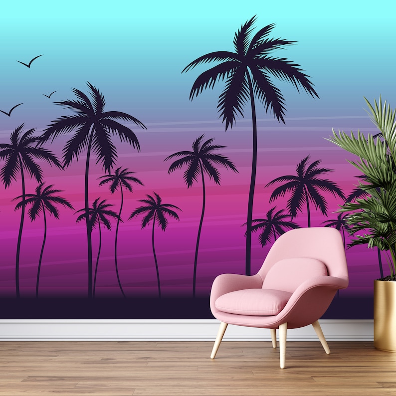 Miami Tropical Palm Tree Illustration Vice Color Sunset Wall Mural ...