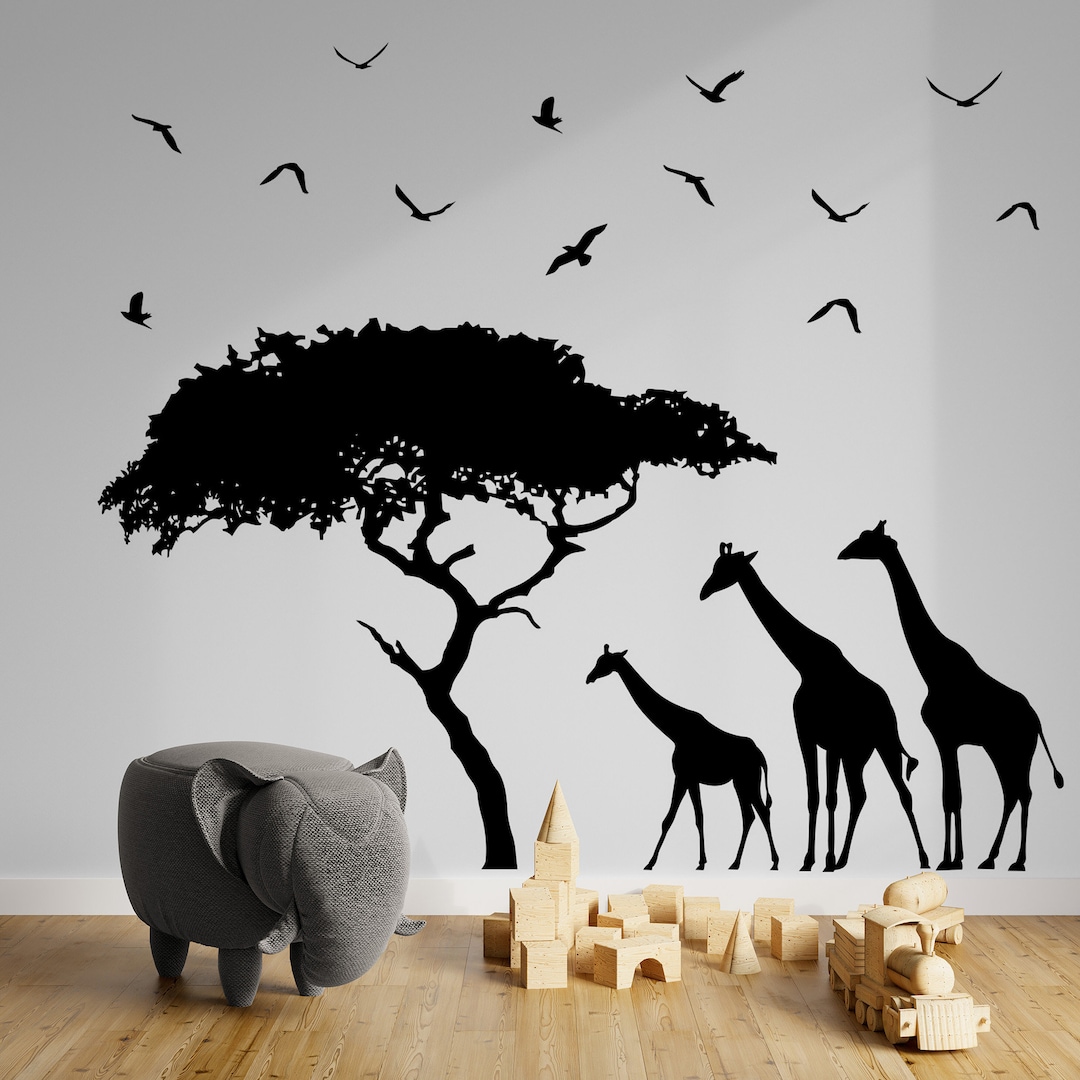 African Safari Theme Wall Decal Sticker. Giraffes, Tree and Birds Wall ...