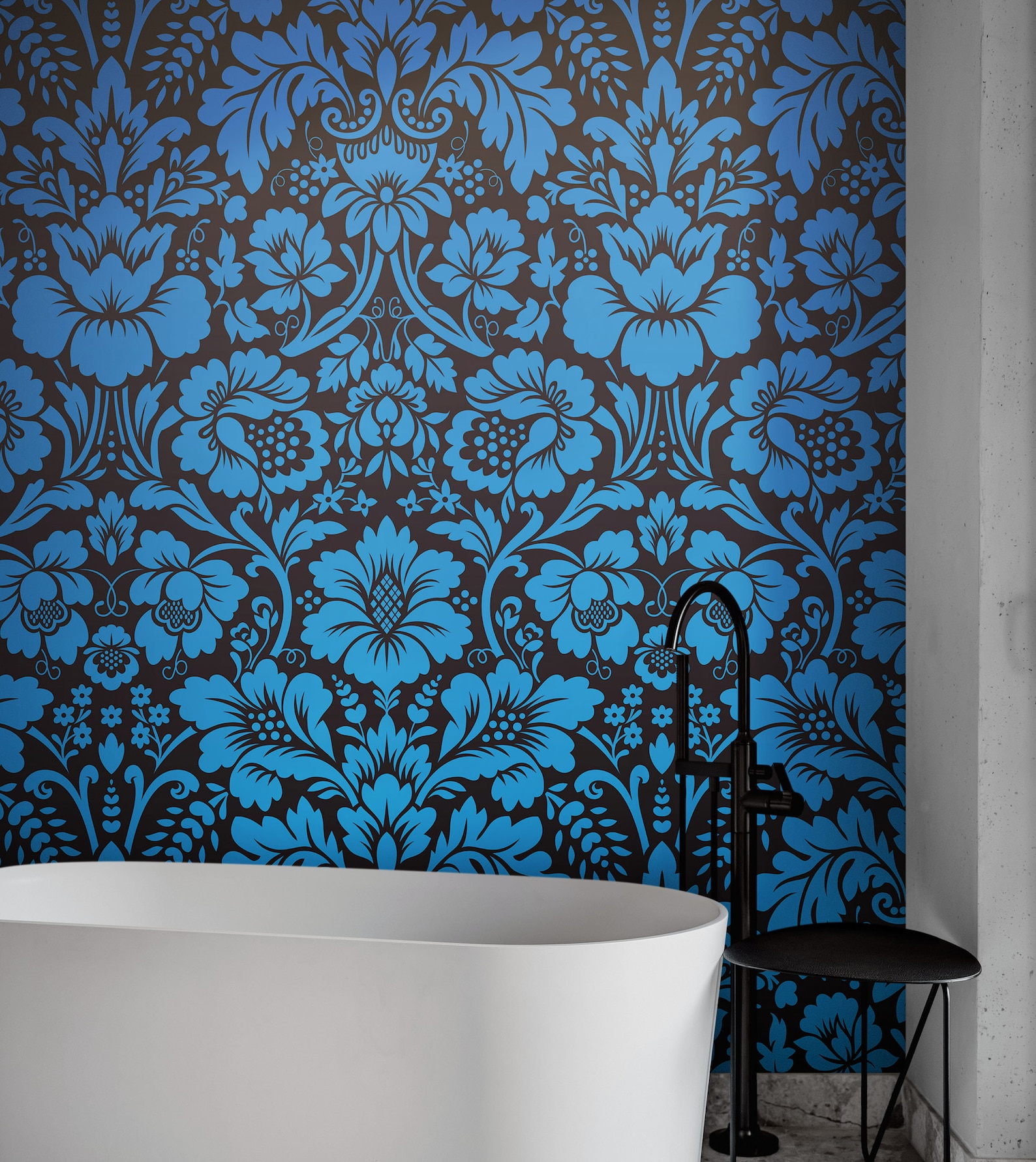 Damask Wallpaper Blue Color Flower Dark Background Pattern Wallpaper ...