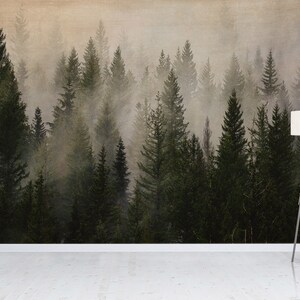 Misty Pine Tree Forest Landscape Wallpaper. Peel and Stick Wall Mural Wallpaper. Self Adhesive ...