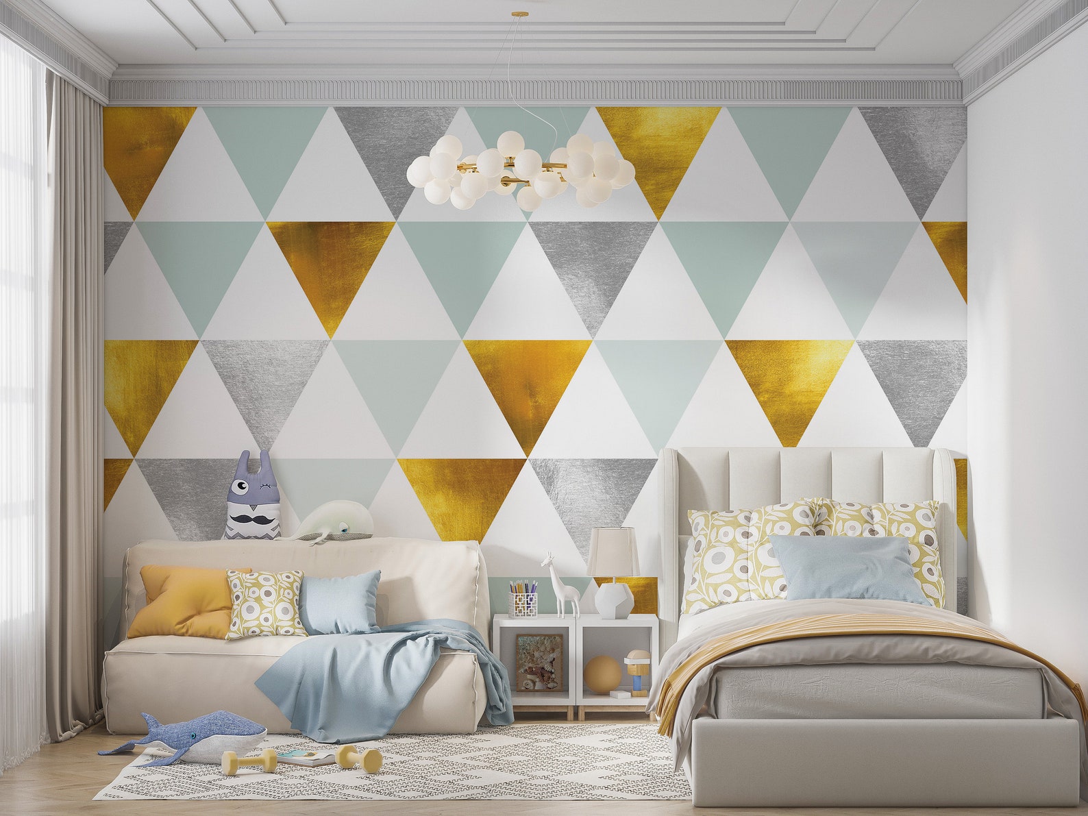 Triangle Wall Mural Wallpaper. Gold, Silver, Light Teal, Turquoise ...