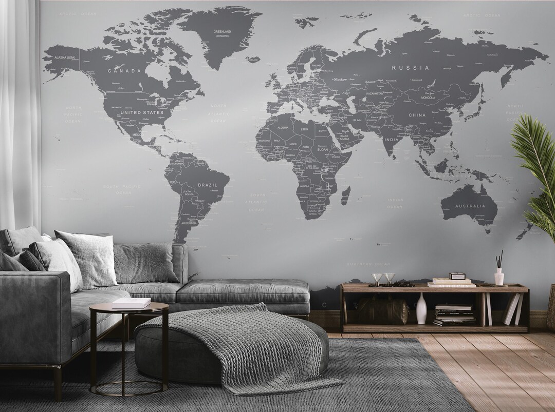 World Map Wall Mural. Grey Map Wall Covering. Travel Theme Peel and ...