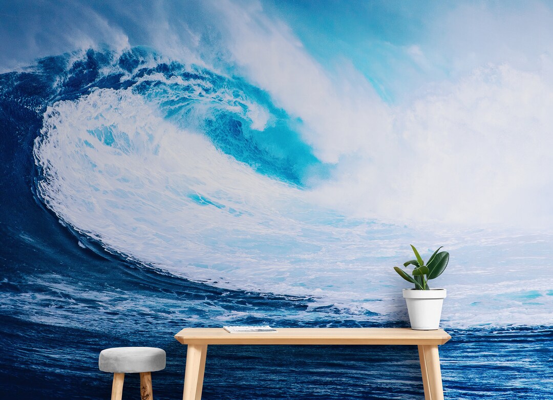 Surf Wave Wallpaper Peel and Stick Mural. Blue Ocean Waves Wall Mural ...