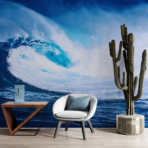 Surf Wave Wallpaper Peel and Stick Mural. Blue Ocean Waves Wall Mural ...