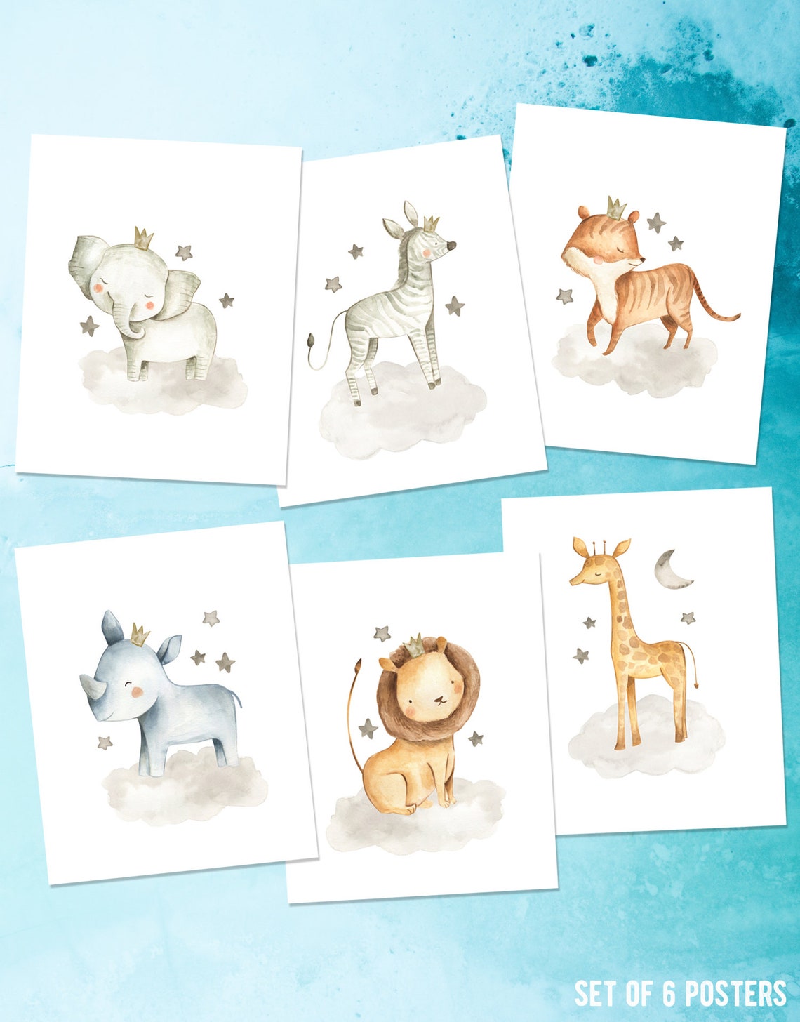 Nursery Safari Animal Posters set of 6 Prints. Baby Shower - Etsy