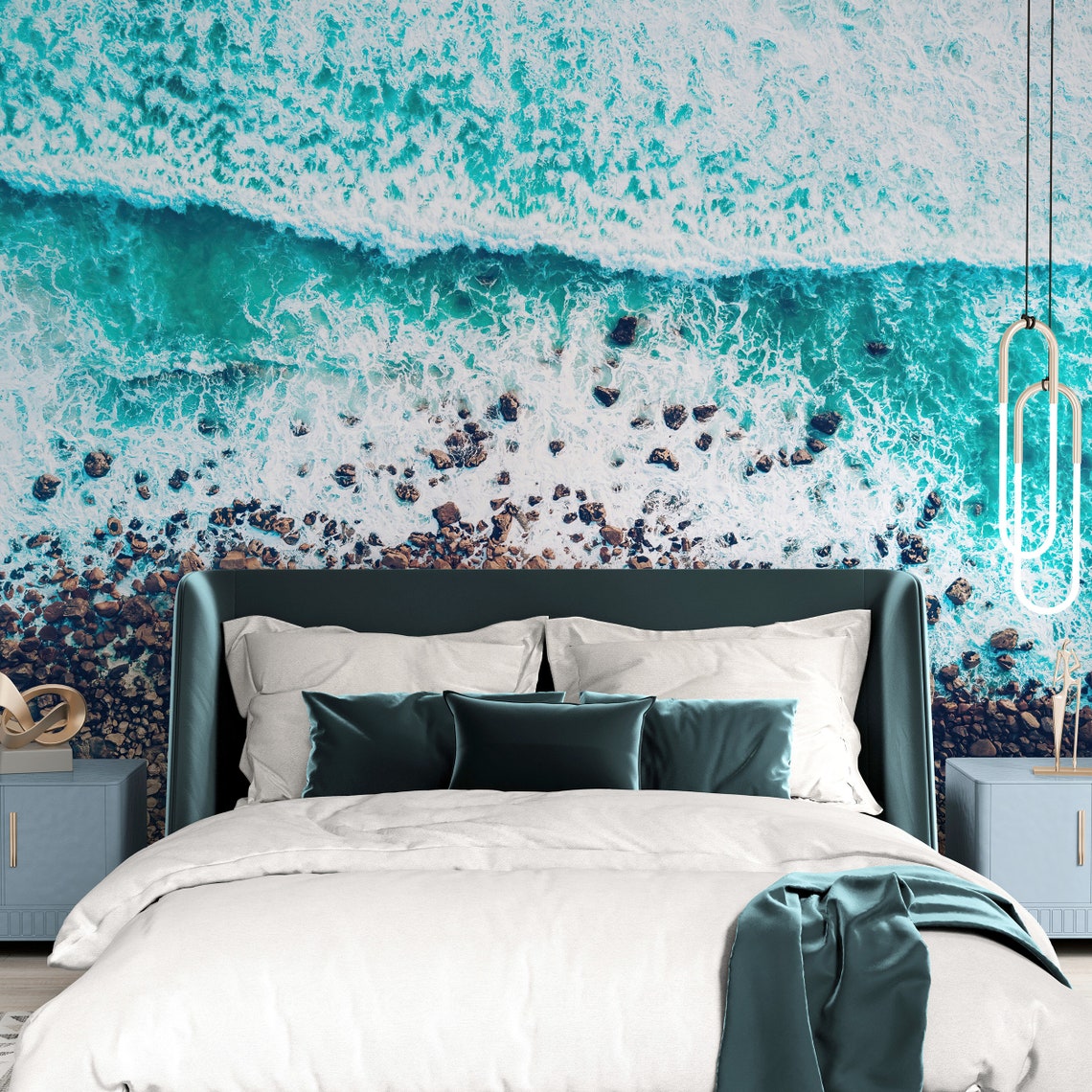 Tropical Beach Wallpaper. Coastal Rocky Beach Wall Mural. Bright Aqua ...