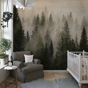 Misty Pine Tree Forest Landscape Wallpaper. Peel and Stick Wall Mural Wallpaper. Self Adhesive ...