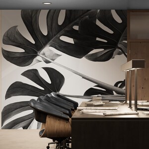 Elegant Black and White Leaves Wallpaper. Peel and Stick Wall Mural ...