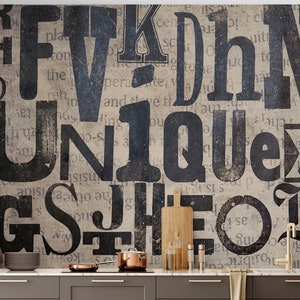 Vintage Ink Typographic Wall Mural. Peel and Stick Wallpaper. Modern ...