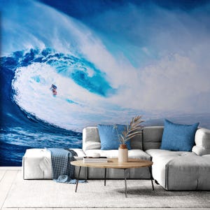 Surfer Wall Art. Surf Wave Wallpaper Peel and Stick Mural. Blue Ocean ...