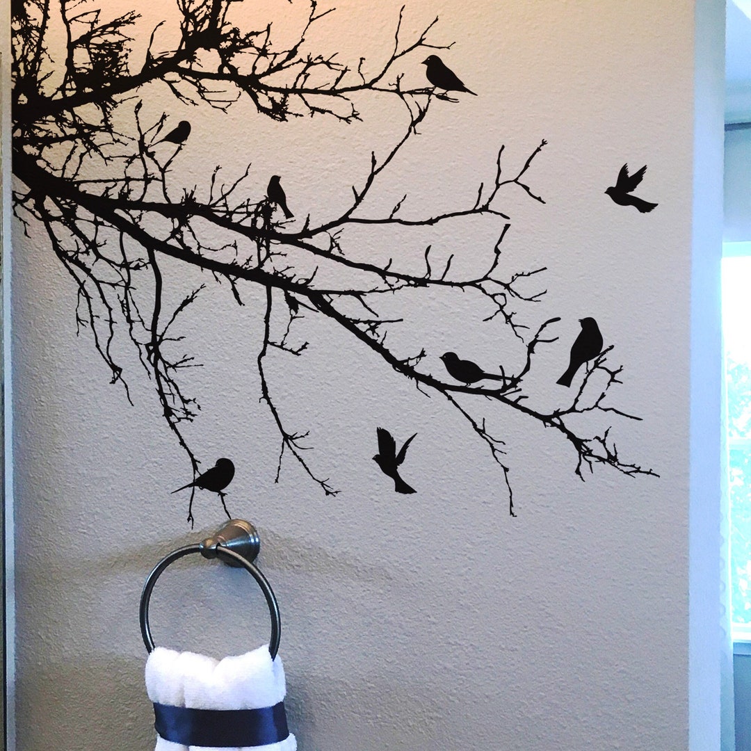 Flying Birds on Tree Branch Wall Decal Sticker. Bathroom Wall Decal ...