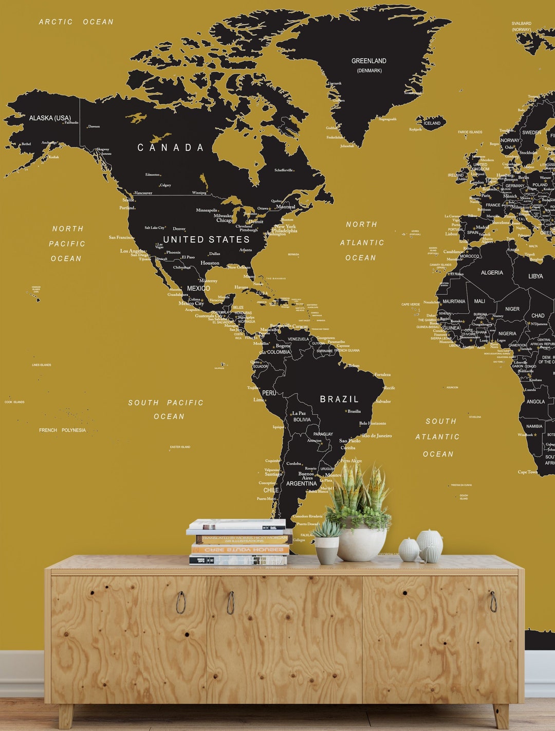 Large (gold) World Map Wall Mural. Wall Covering. Simple Peel and Stick ...