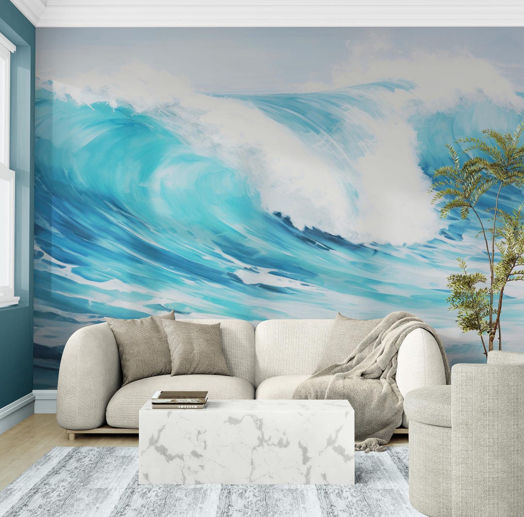 Blue Ocean Wave Wall Mural Painting – Coastal Beach-themed Decor for ...